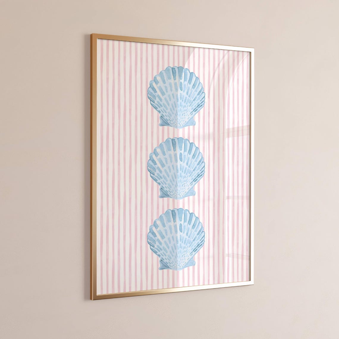 Pink and Blue Striped Shell Print: Coastal Coquette Wall Art (digital ...