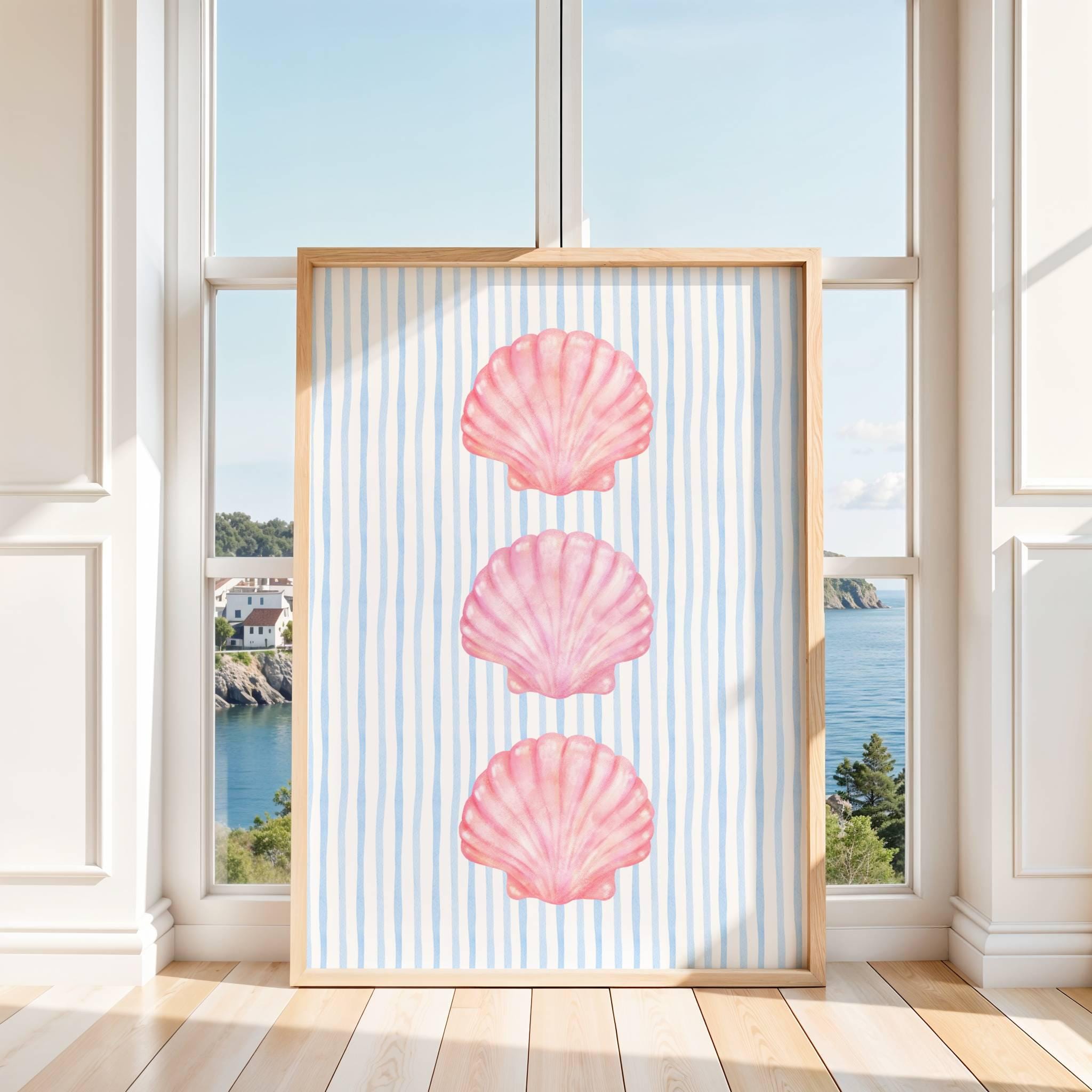 Pink and Blue Coastal Print: Seashell Stripe Art, Beach Dorm Decor ...