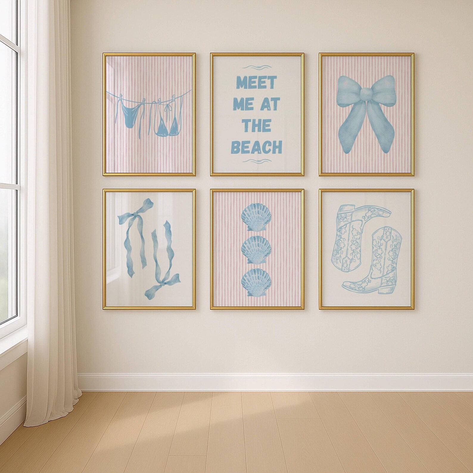 Pink and Blue Striped Shell Print: Coastal Coquette Wall Art (digital ...