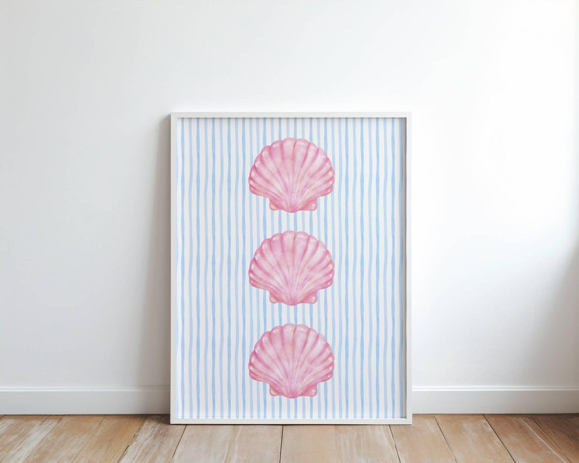 Pink and Blue Coastal Print: Seashell Stripe Art, Beach Dorm Decor ...