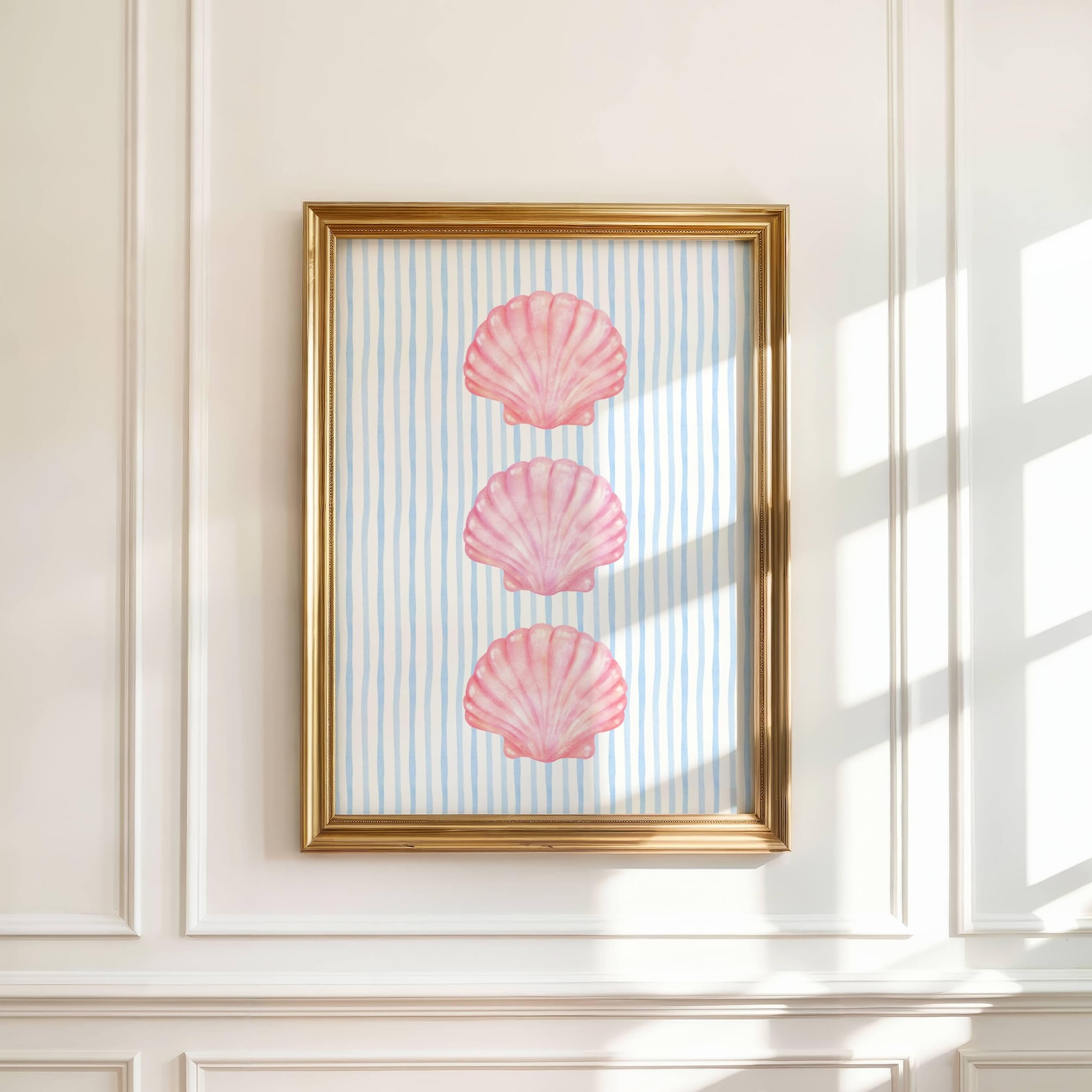Pink and Blue Coastal Print: Seashell Stripe Art, Beach Dorm Decor ...