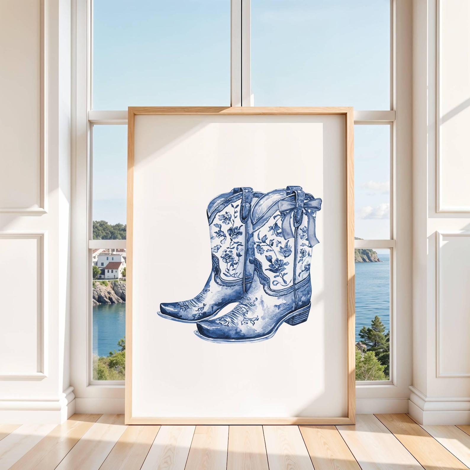 Coastal Western Dorm Decor Print Trio: Blue Cowboy Boots, Bow (digital ...