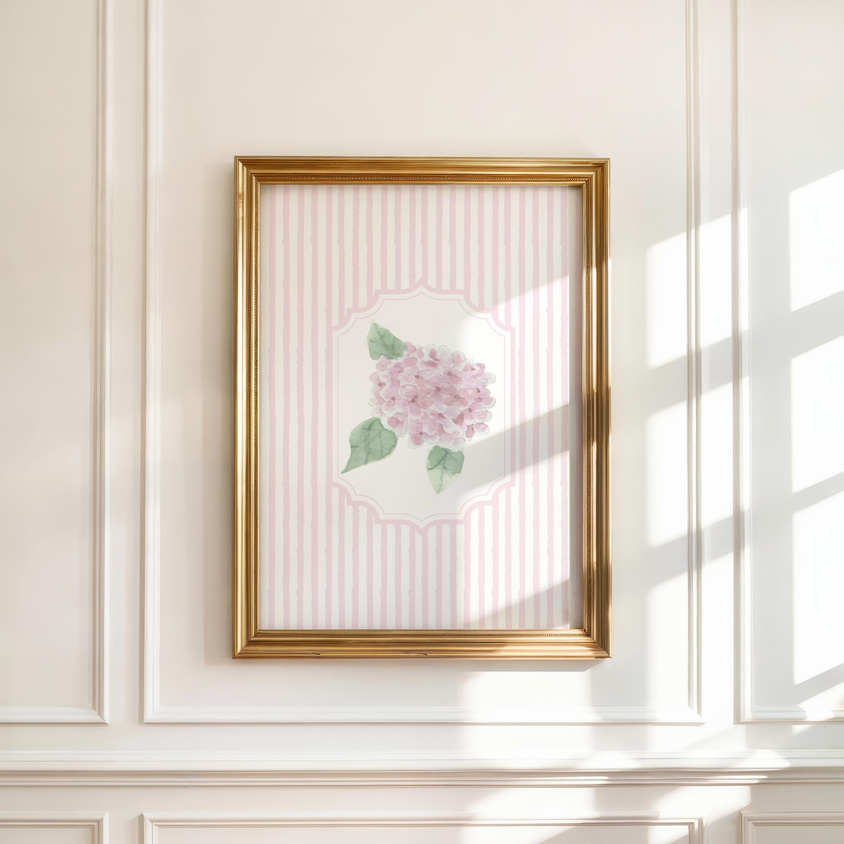 Pink Hydrangea Wall Art Set: Striped Floral Prints, Feminine Bedroom ...