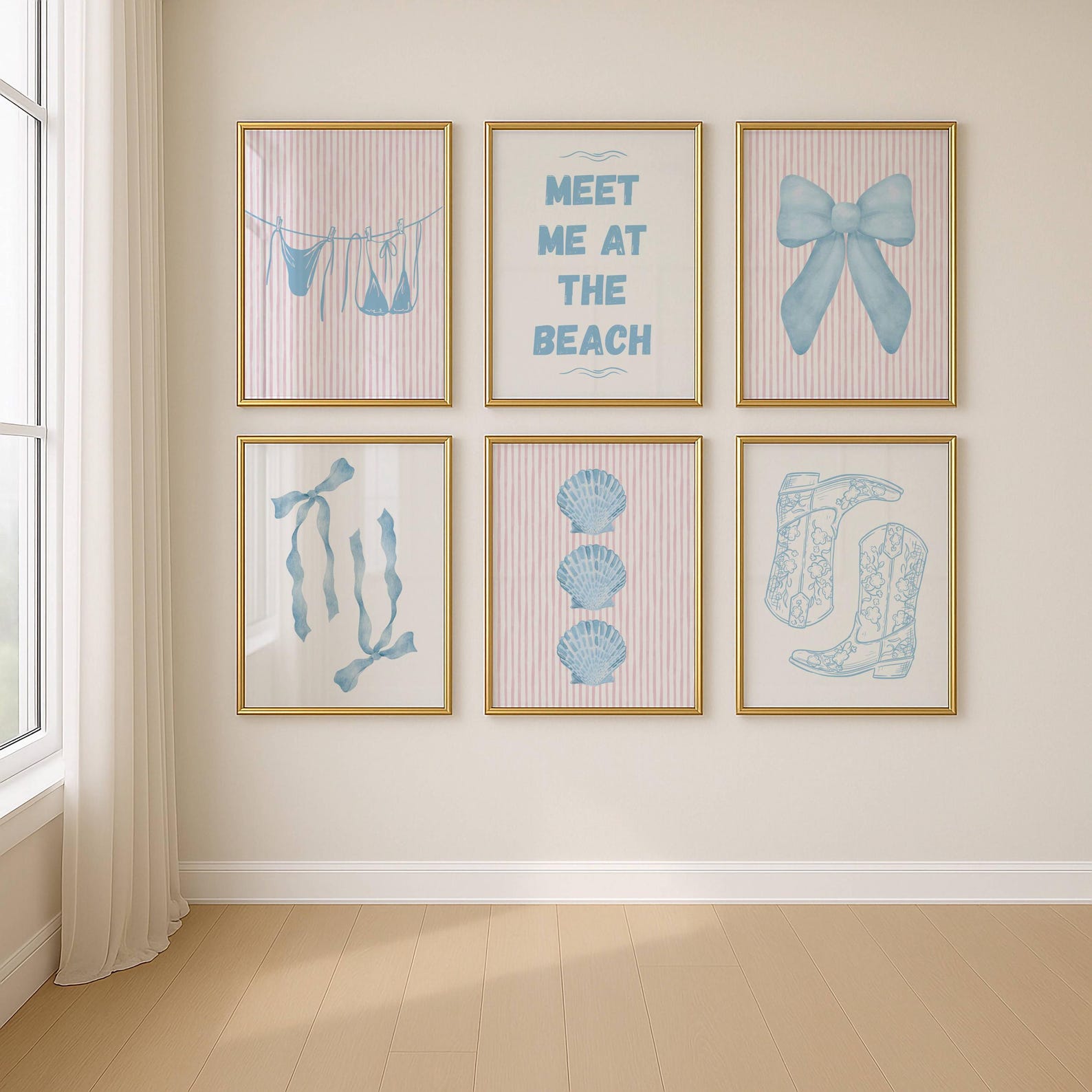 Set of 6 Pink and Blue Coastal Cowgirl Prints – Trendy Western Beach ...