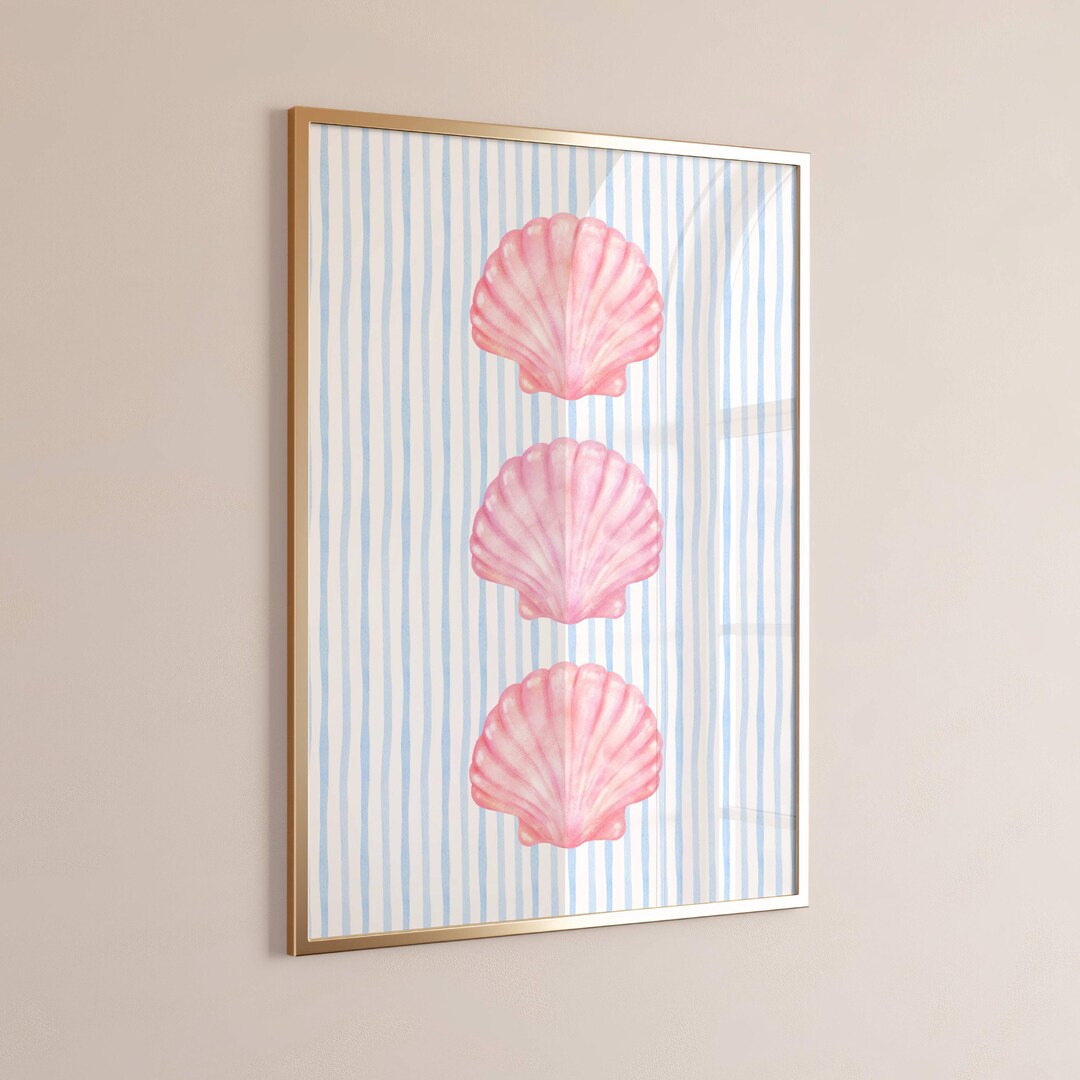 Pink and Blue Coastal Print: Seashell Stripe Art, Beach Dorm Decor ...