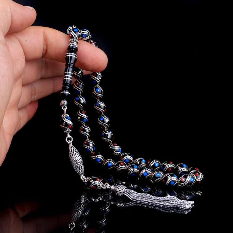 Oltu Stone Silver Embroidery Master Handcrafted Prayer Beads | Islamic ...