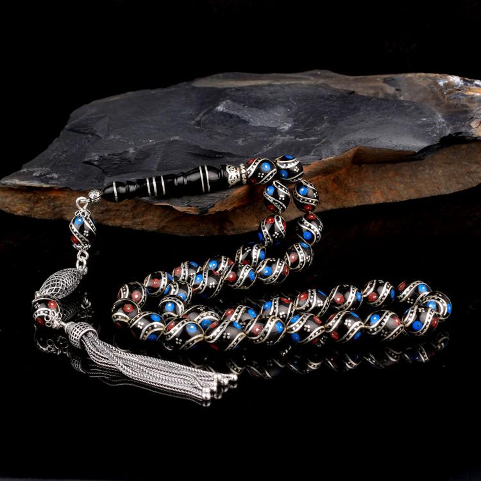 Oltu Stone Silver Embroidery Master Handcrafted Prayer Beads | Islamic ...
