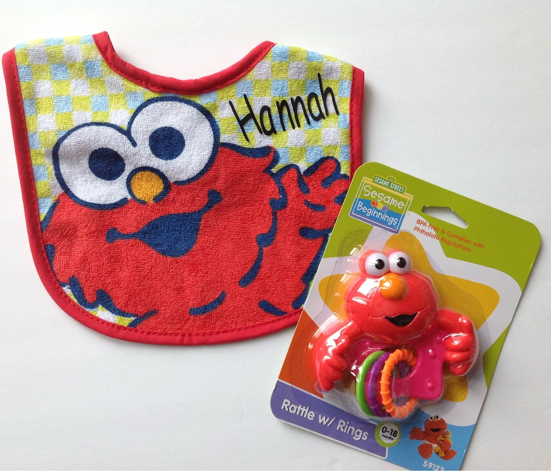 Personalized Sesame Street Elmo Baby Bib With Elmo Rattle - Your Choice ...