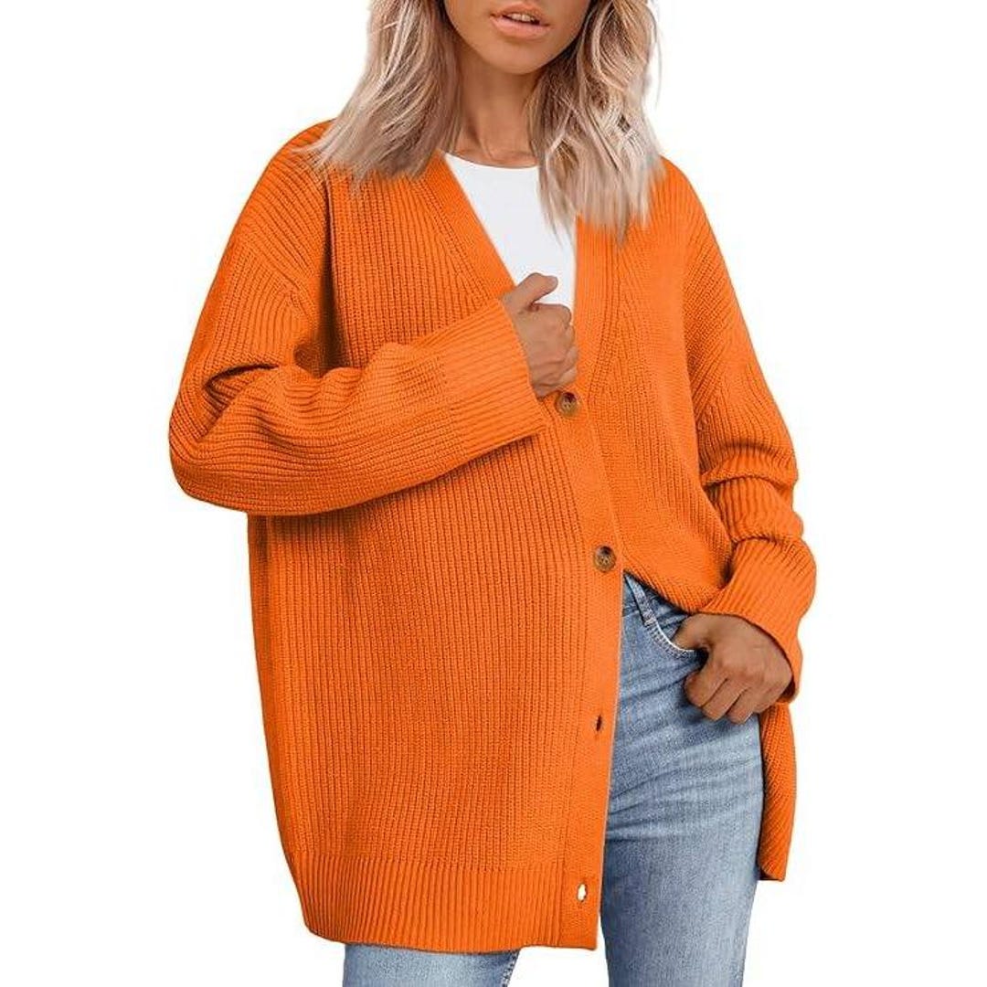 BTFBM Womens Orange V Neck Button Down Knit Cardigan Sweater Size Small ...