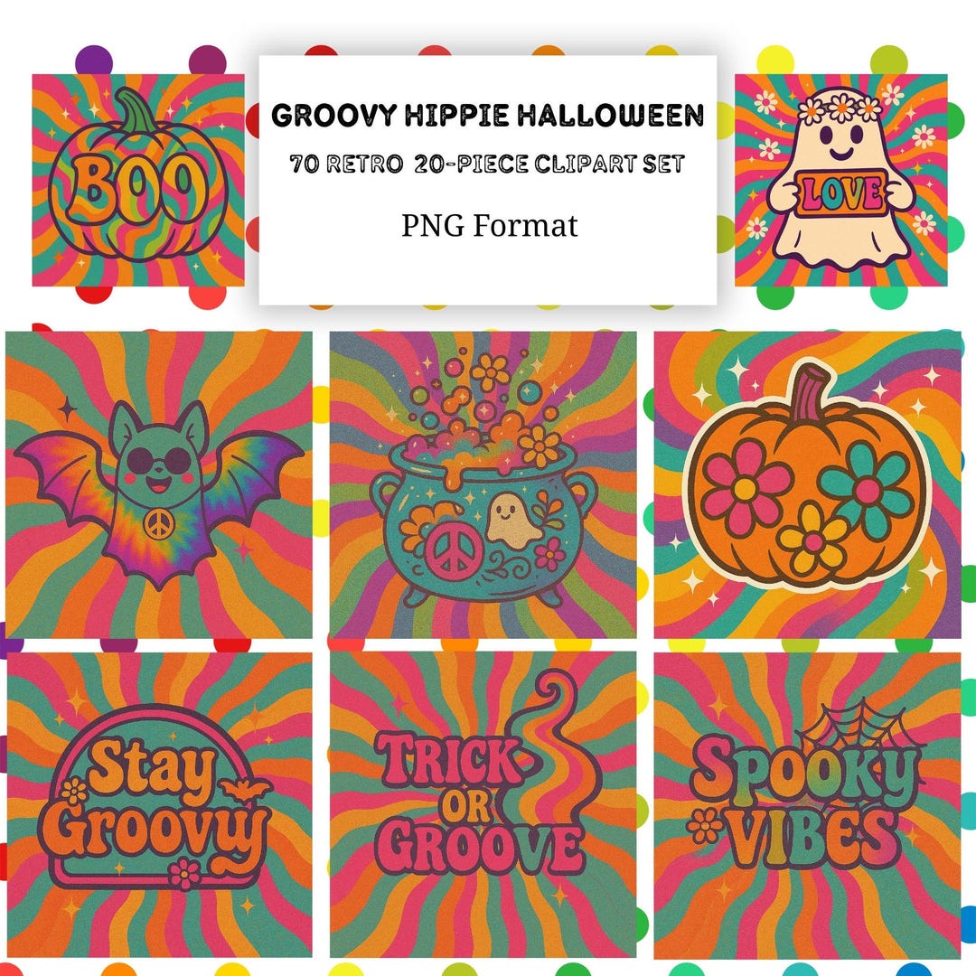 Groovy Hippie Halloween Clipart Set – Retro 70s Psychedelic Ghosts ...