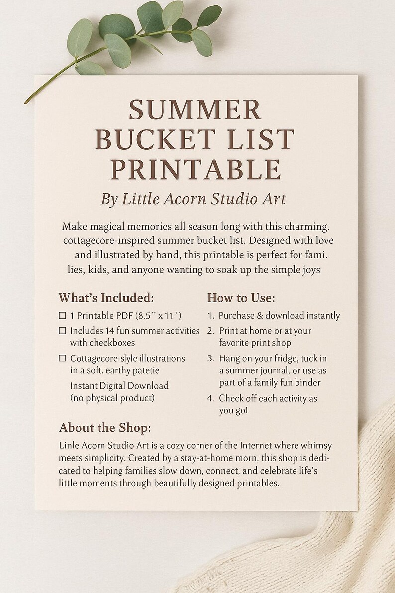 Summer Bucket List Printable – Cottagecore Family Activity Sheet ...