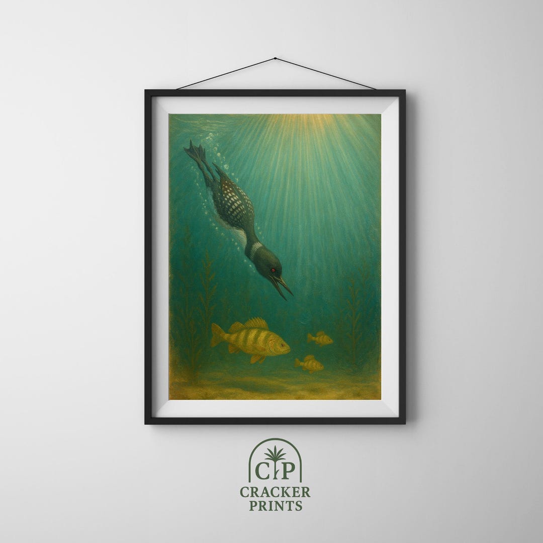 Diving Loon Wall Art, Common Loon and Perch Oil Painting, Underwater ...