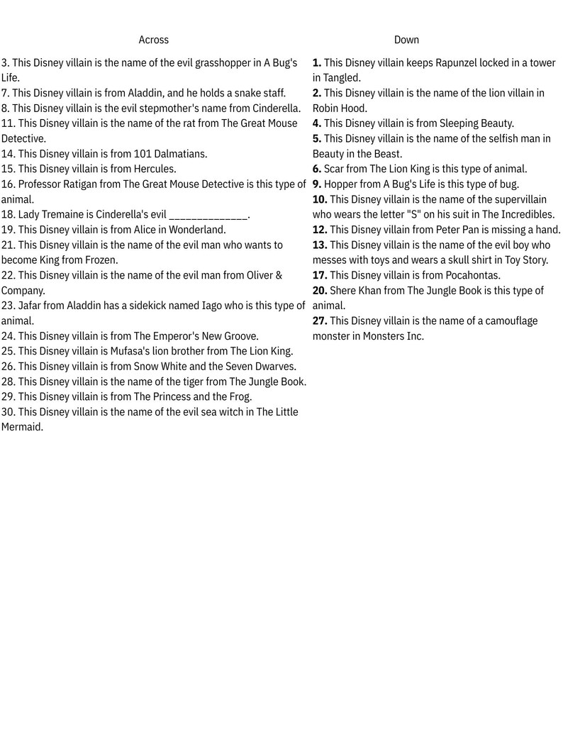 Disney Crossword Puzzles - Etsy