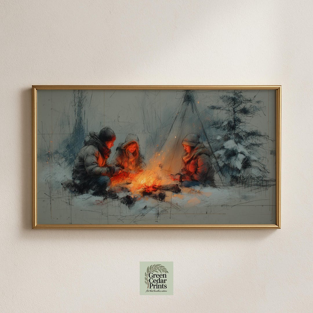 Winter Family Campfire Frame TV Art, Rustic Holiday Scene TV Art, Snowy ...