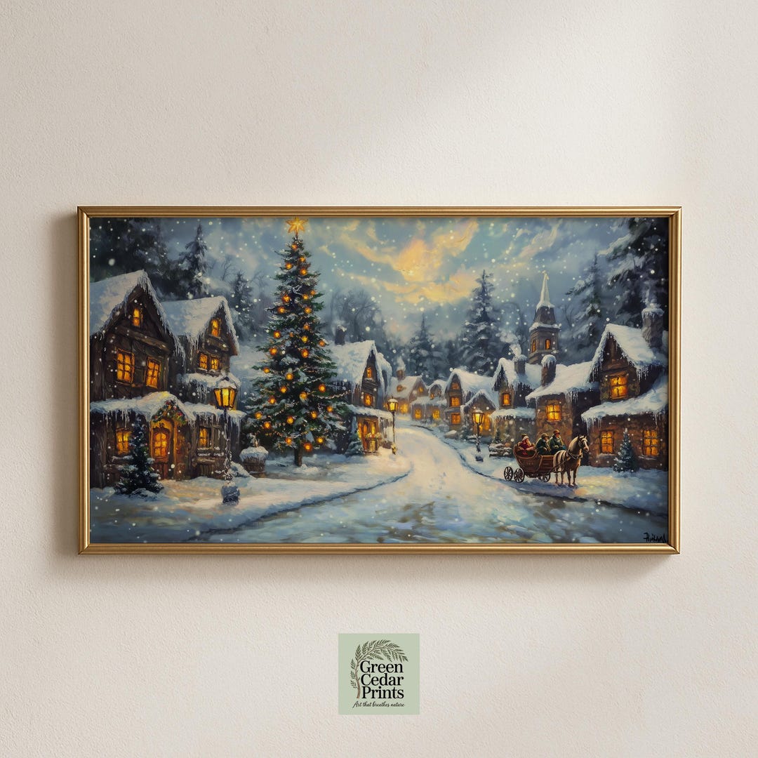 Vintage Christmas Village Frame TV Art, Snowy Holiday Scene, Rustic ...