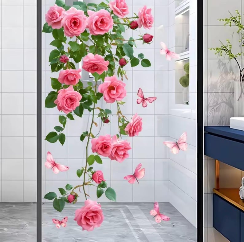 Pink Rose & Butterfly Window Decal | Double Sided Static Cling - Etsy