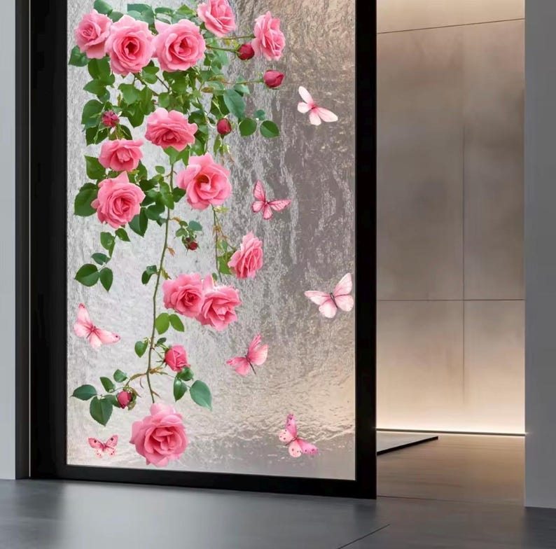 Pink Rose & Butterfly Window Decal | Double Sided Static Cling - Etsy