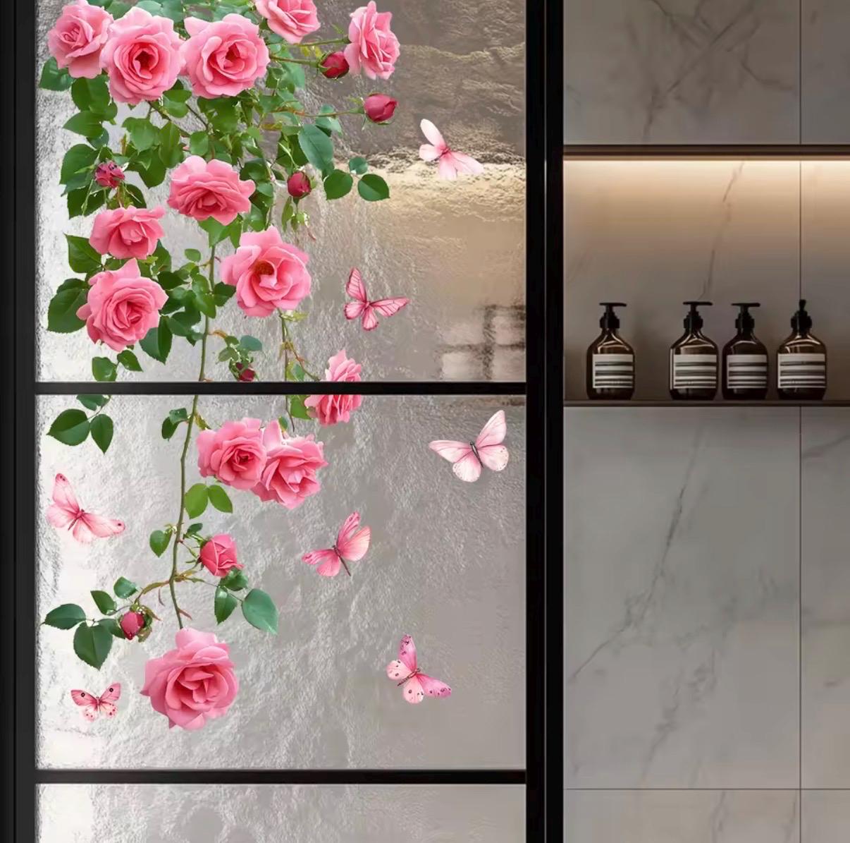 Pink Rose & Butterfly Window Decal | Double Sided Static Cling - Etsy