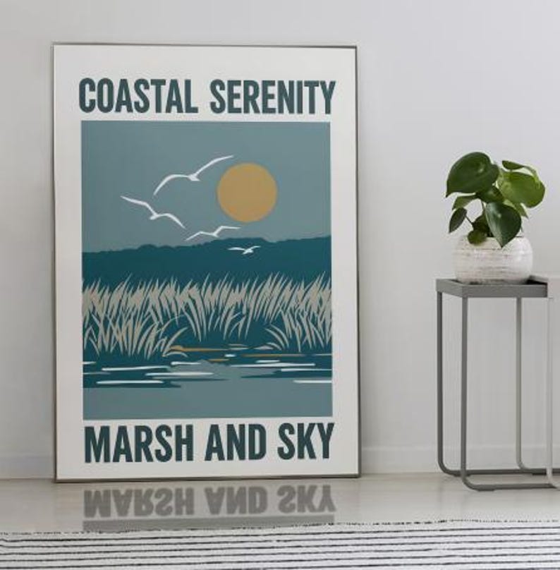 South Carolina Marsh Poster – Coastal Wall Art, Seagulls & Sunset ...