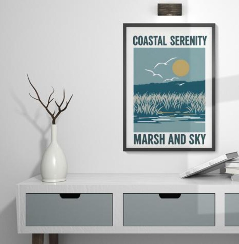 South Carolina Marsh Poster – Coastal Wall Art, Seagulls & Sunset ...