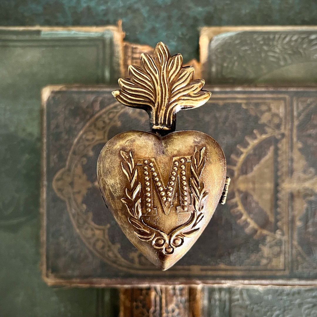 Blessed Mother Sacred Heart, Milagro Heart, Antique Gold Heart Box ...