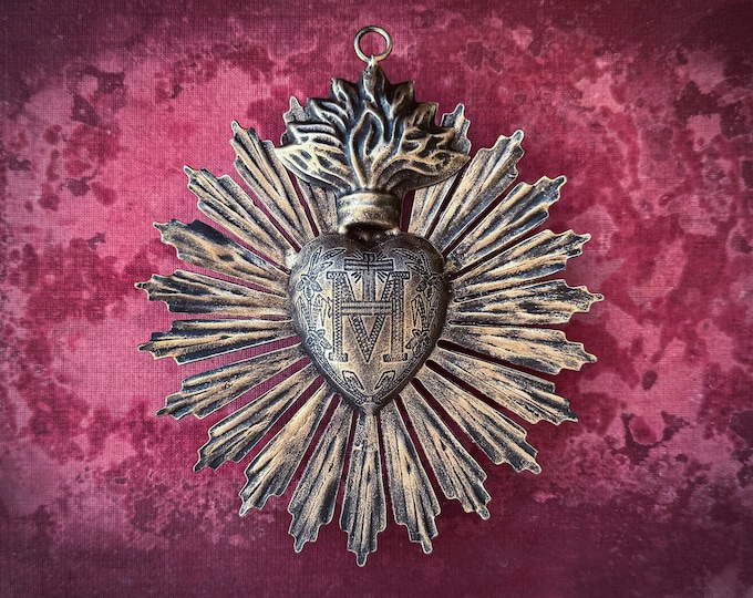 Sacred Heart, Milagro Heart, Small Black and Gold Heart Sunburst Flame ...