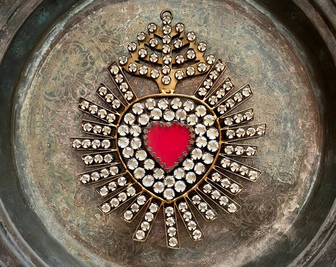 Sacred Heart, Red Center With Rustic Crystals, Catholic Heart, Exvoto ...