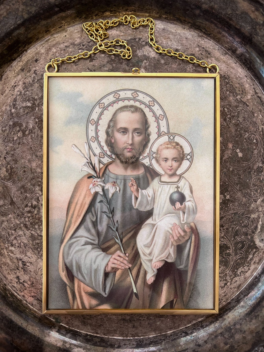 Saint Joseph Print Baby Jesus Hanging Glass 5x7 Gold Frame Catholic ...