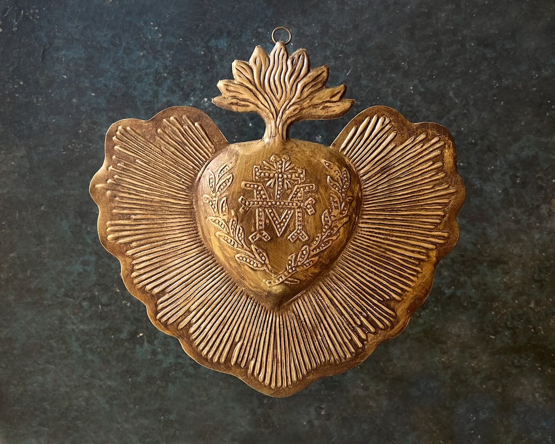 Sacred Heart, Marian Cross, Milagro Heart, Large Gold Catholic Heart ...
