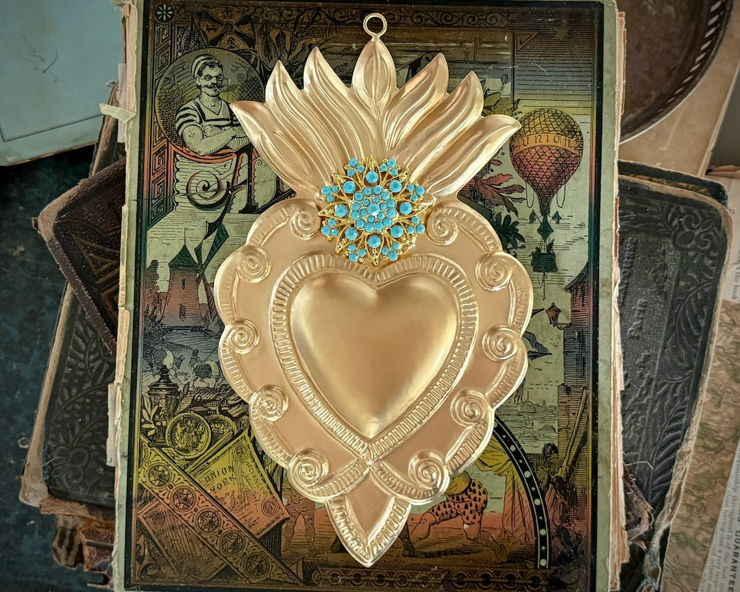 Sacred Heart, Milagro Heart, Large Flat Gold Heart With Turquoise ...