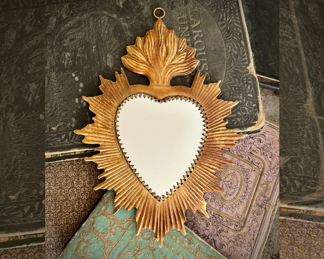 Sacred Heart Mirror, Gold Heart Sunburst Flame, Catholic Heart, Wall ...