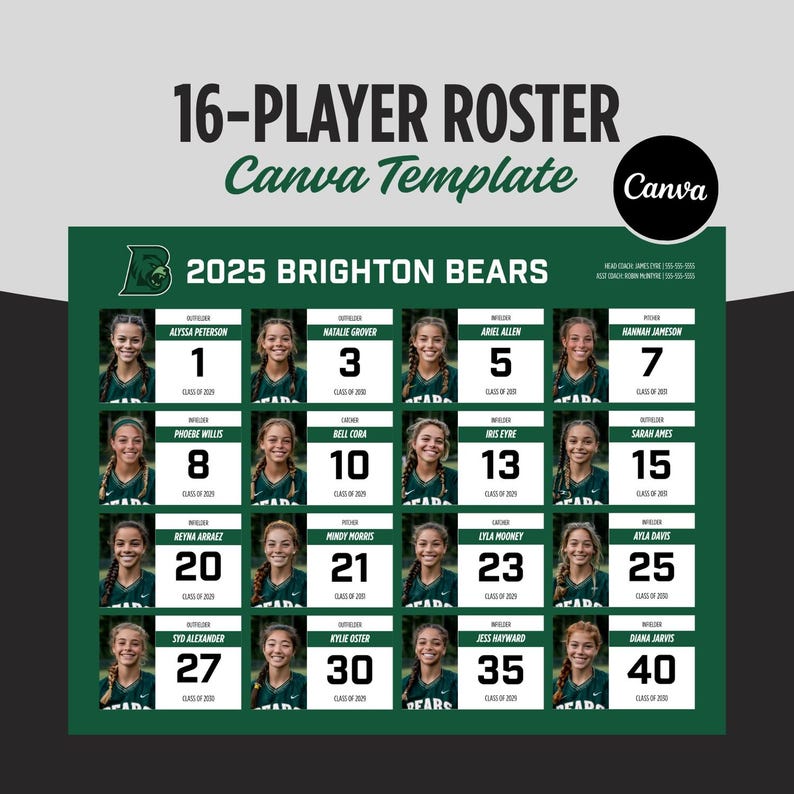 Team Roster Template: Customizable Baseball, Softball, Soccer (canva ...