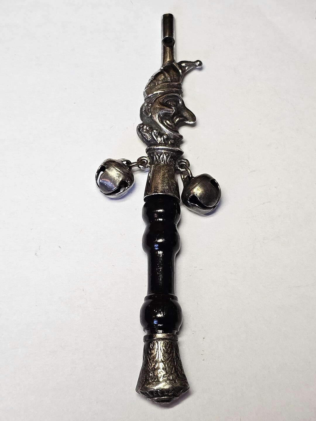 Antique Edwardian Victorian Punch the Jester Silver Ebony Baby Rattle ...