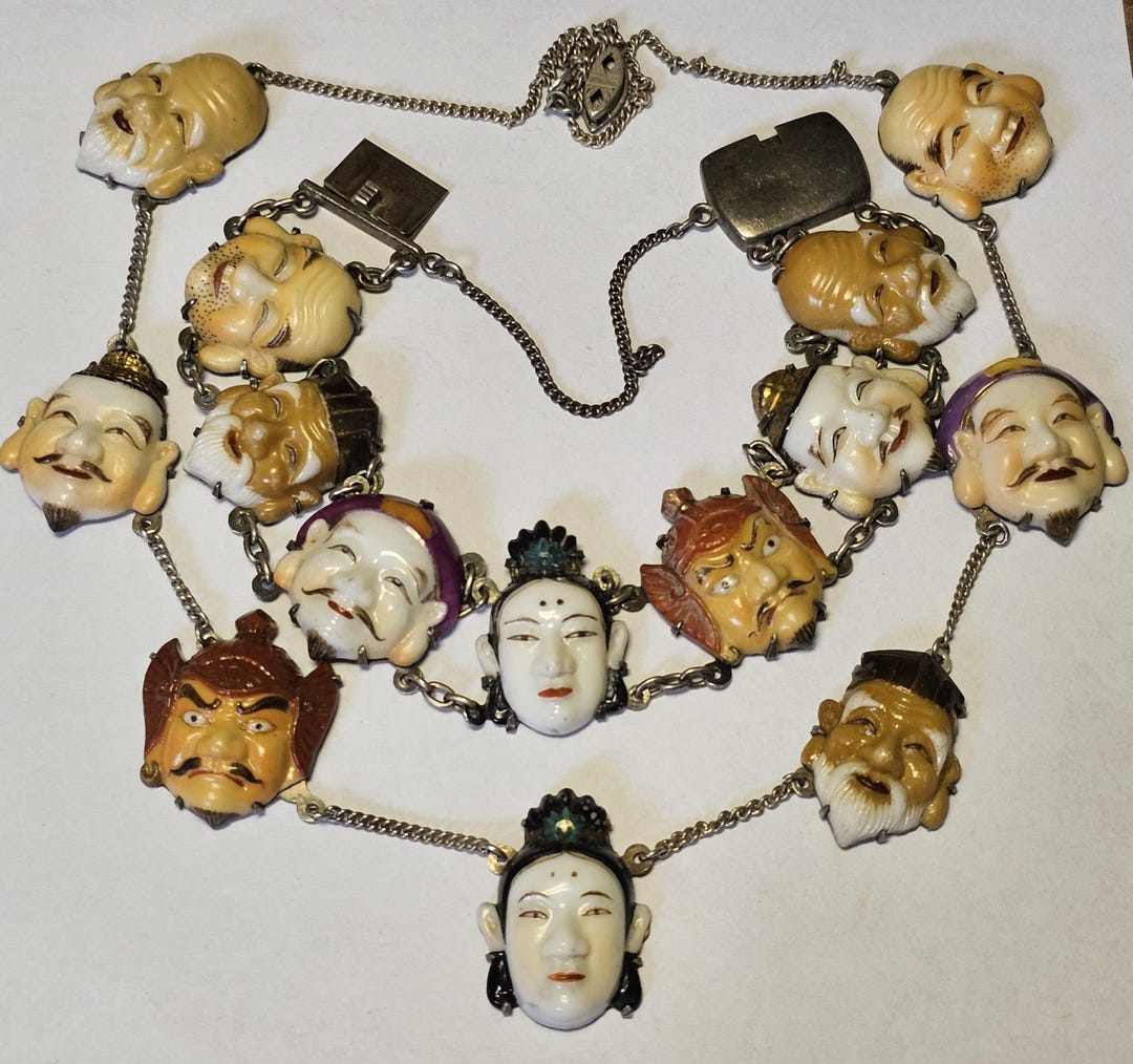 Vintage Toshikane Sterling & Porcelain 7 Gods of Fortune Necklace ...