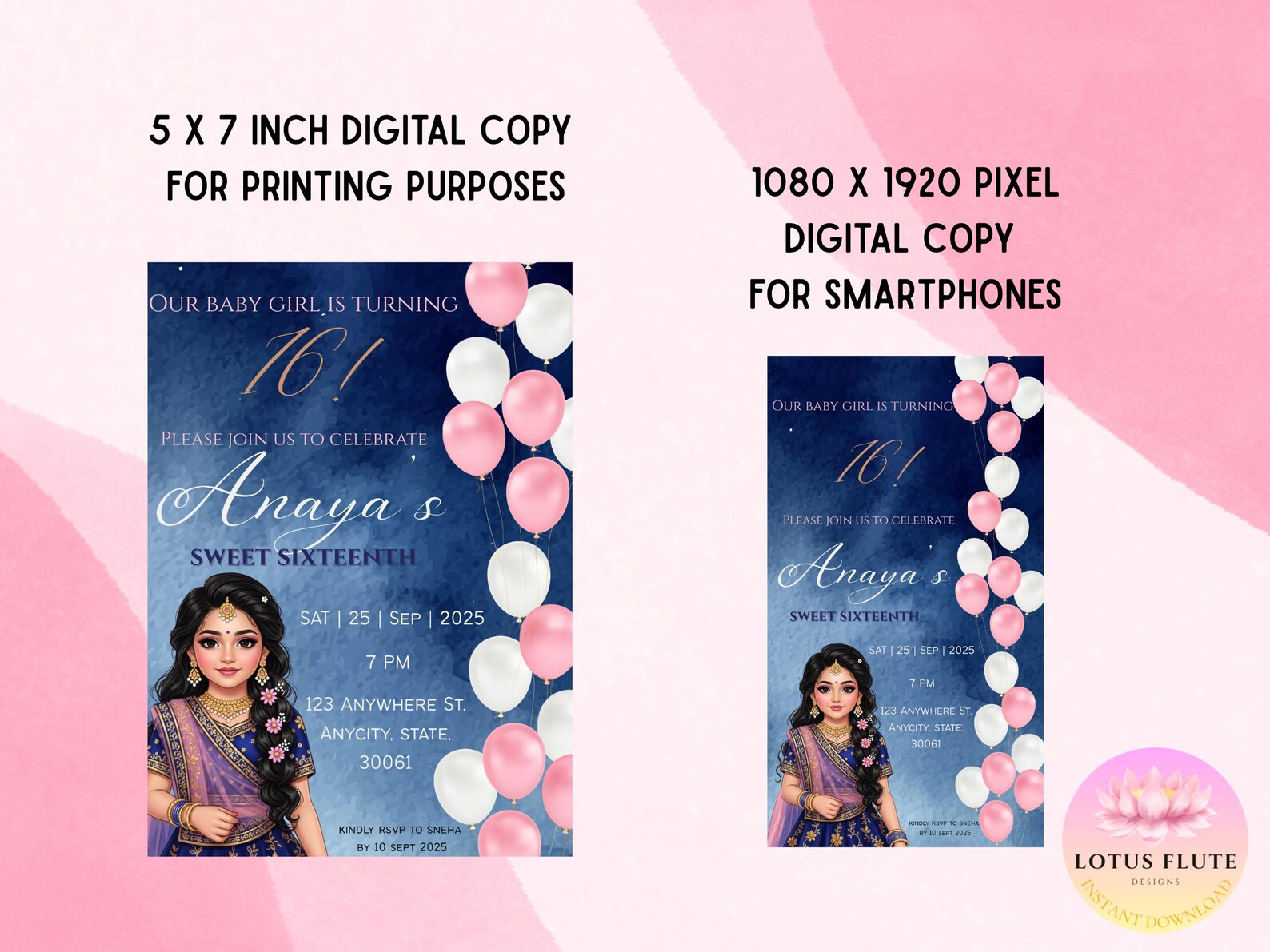 Indian 16th Birthday Invitation | Navy Blue Pink Lengha | Girl Birthday ...