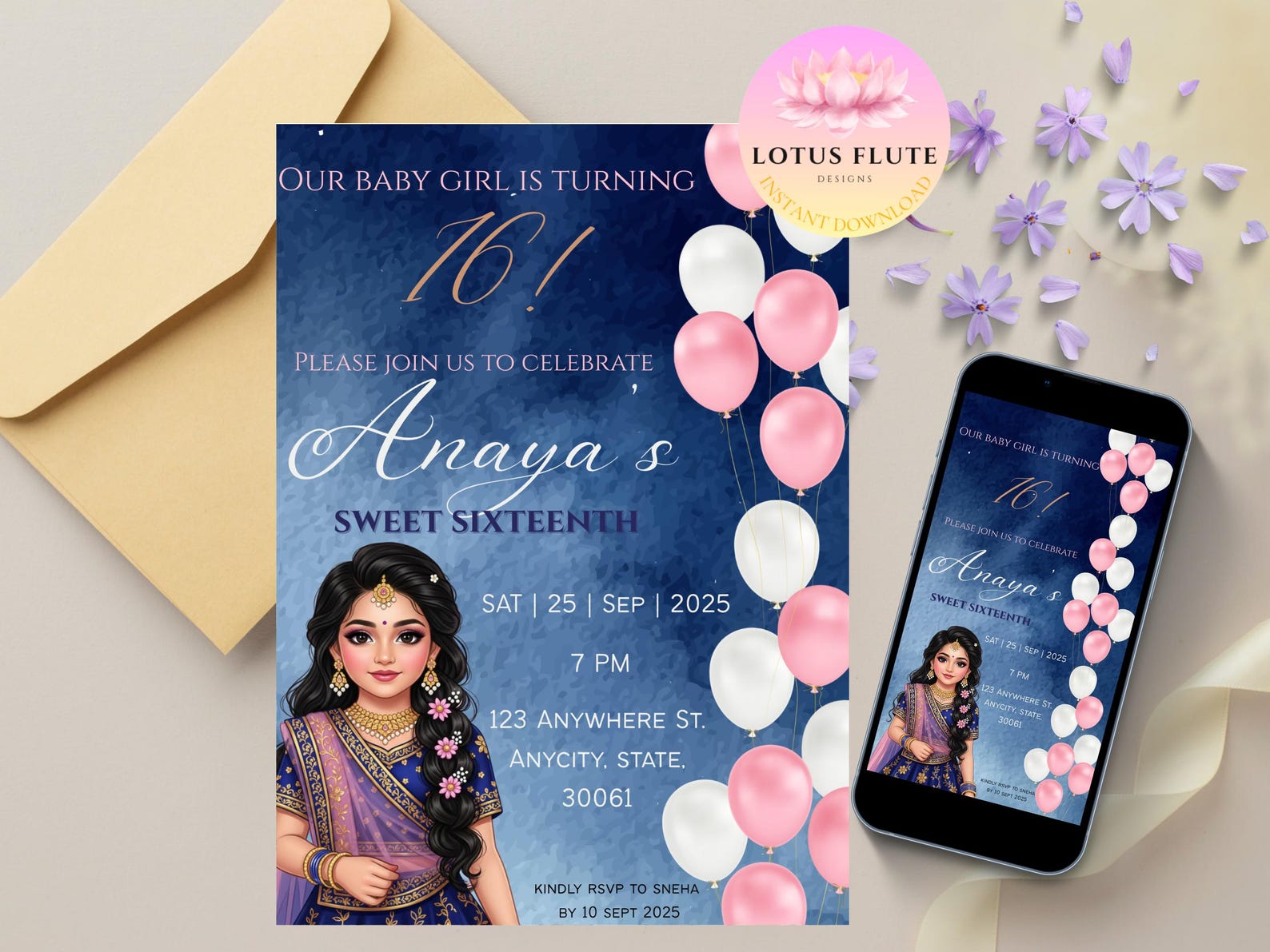 Indian 16th Birthday Invitation | Navy Blue Pink Lengha | Girl Birthday ...
