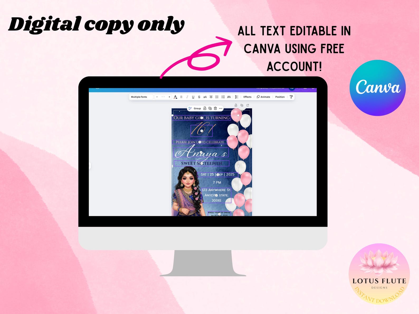 Indian 16th Birthday Invitation | Navy Blue Pink Lengha | Girl Birthday ...