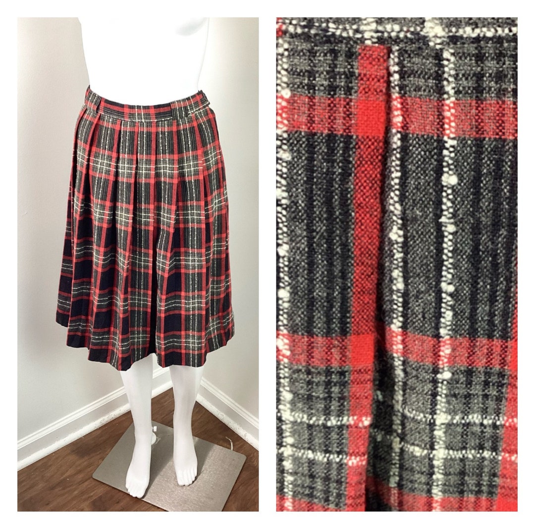 Vintage 1950s Red, Gray, and Black Plaid Wool Pleated Academic Skirt by ...