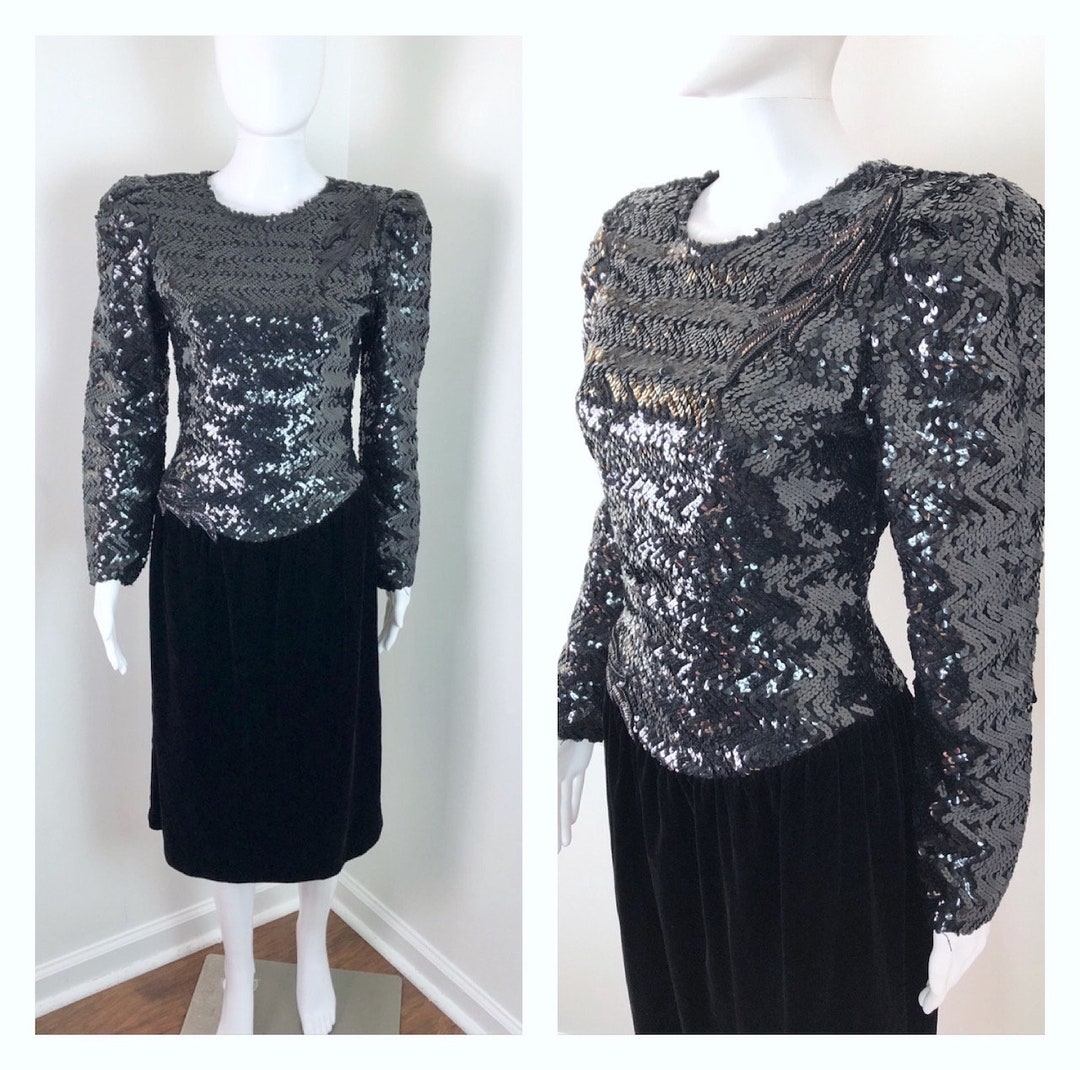 Vintage 1980s Black Sequin and Velvet Evening Party Dress by Cachet by Bari Protas Sz. Small to ...