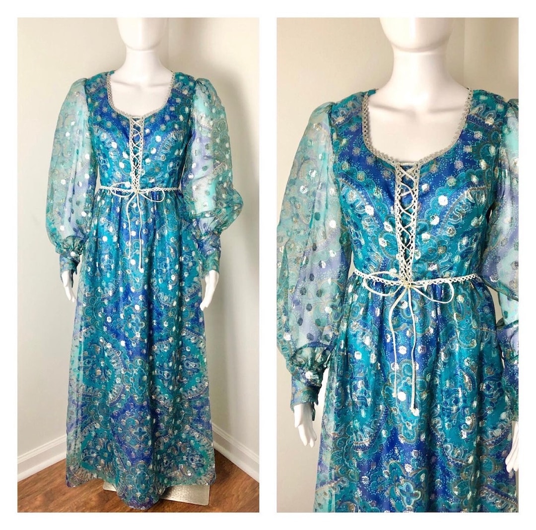 Late 60s/early 70s Sheer Aqua and Silver Metallic Maxi Dress by Kati ...