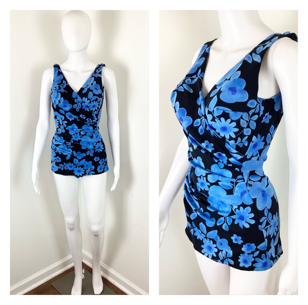 Vintage 1950s Black and Blue Floral Bombshell One-piece Bathing Suit by ...