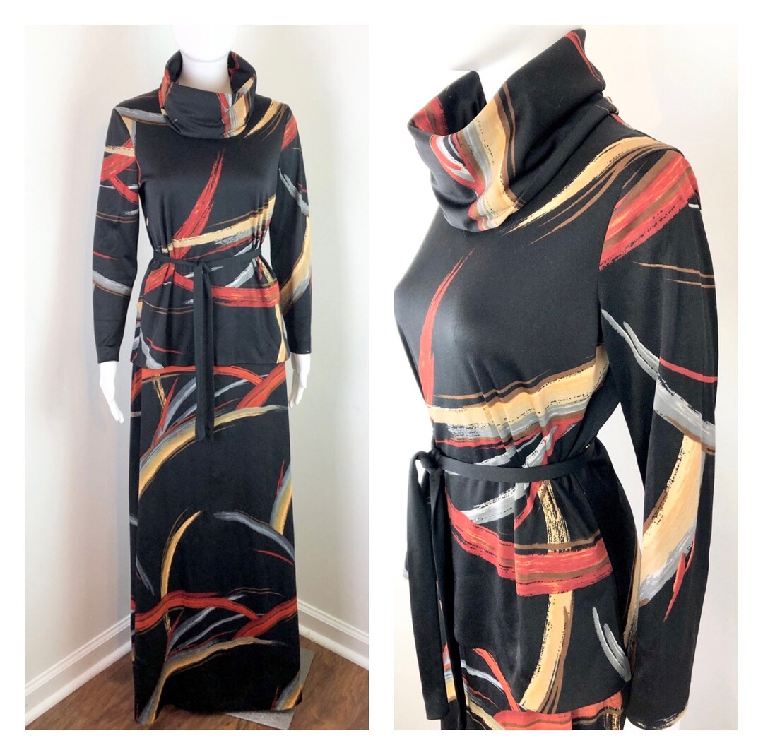 Vintage 1970s Paint Brush Stroke Tunic and Black Maxi Skirt Set by ...