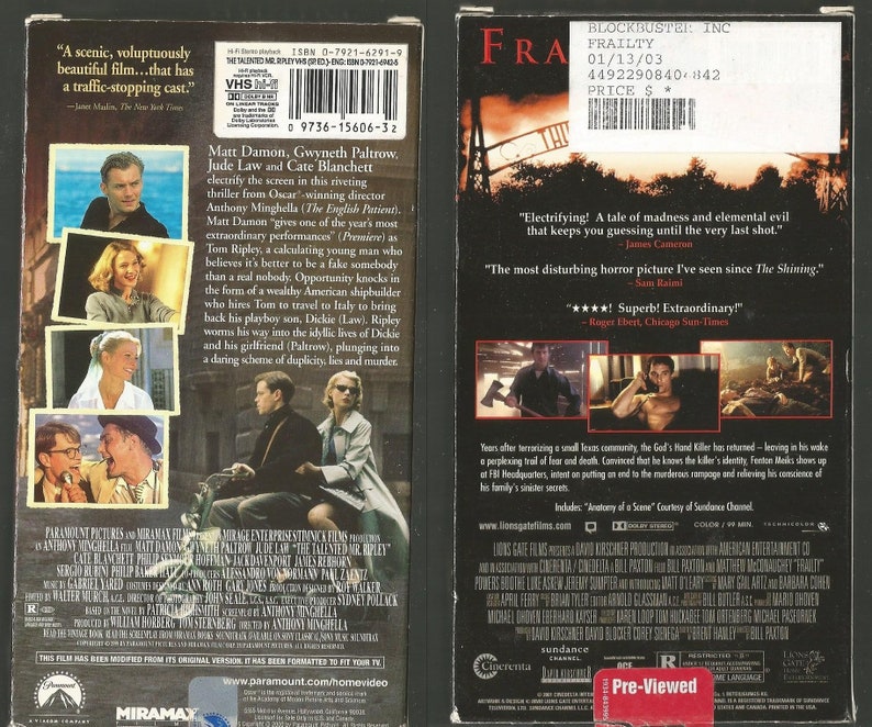 Vhs DOUBLE FEATURE Talented Mr Ripley and Frailty Used - Etsy