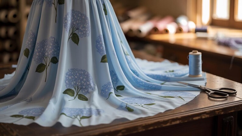 Europe and America Fashion Blue Hydrangea Flower Printed Thin Chiffon ...