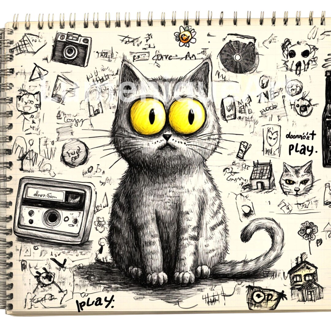 Grunge Doodle Cat Clipart | Hand-drawn Kitten PNG Stickers (commercial ...