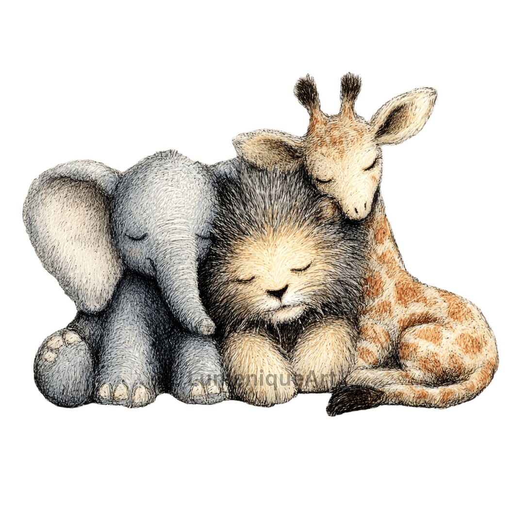 Baby Safari Animals PNG Clipart Elephant Lion Giraffe Napping Cuddling ...