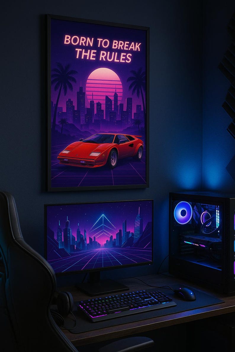 Lamborghini Countach Poster – Retrowave Synthwave Wall Art, 80s City ...