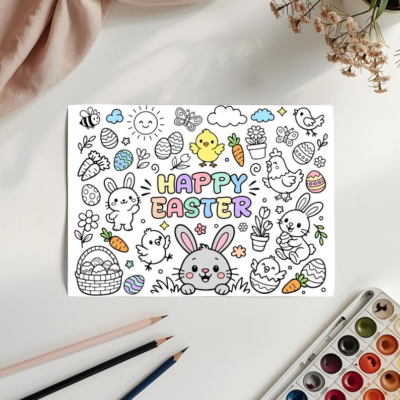 Easter Coloring Placemats, Happy Easter Bunny Placemat Printable, Kids ...
