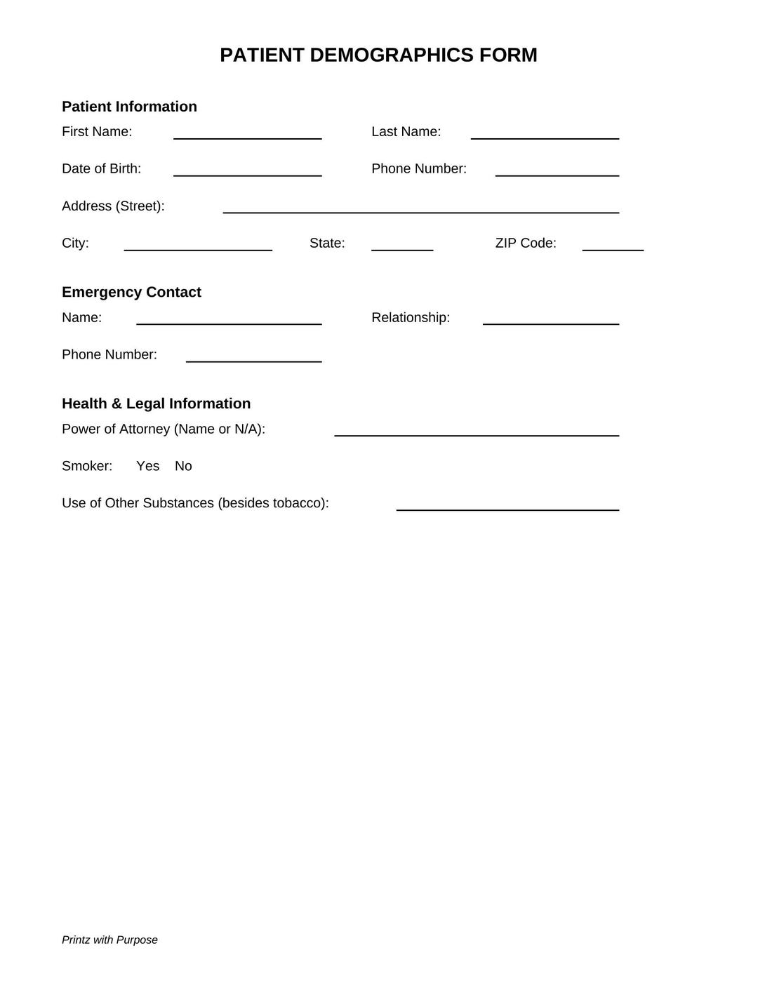 Clinic Demographics Sheet Printable | Patient Intake Form | Medical ...