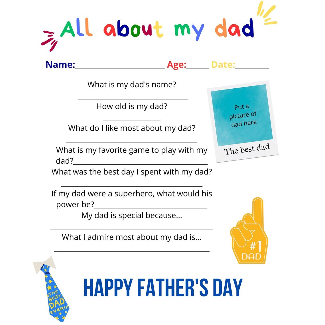 All About My Dad PDF Happy Father's Day - Downloadable Questionnaire ...